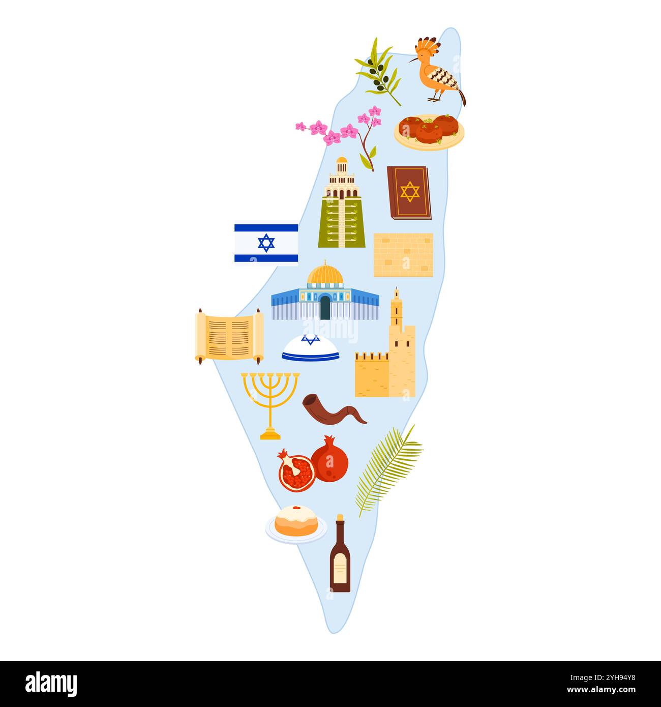 Jewish culture elements and flag of country, famous landmarks and food ...