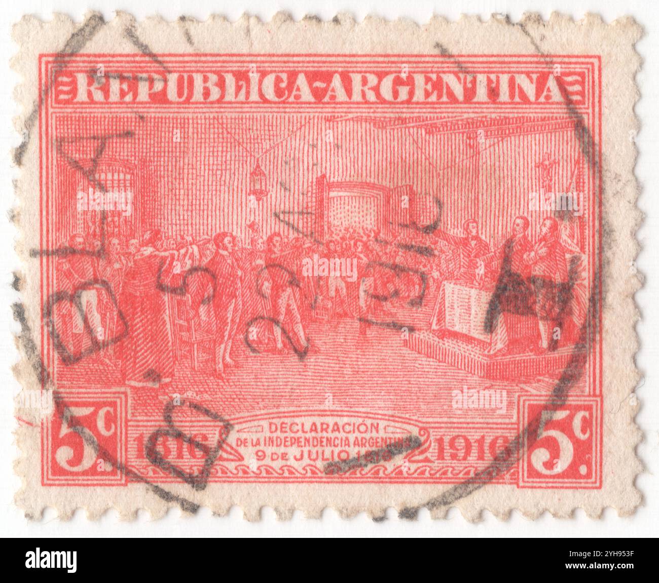 ARGENTINA - 1916 July 9: 5 centavo red postage stamp depicting ...