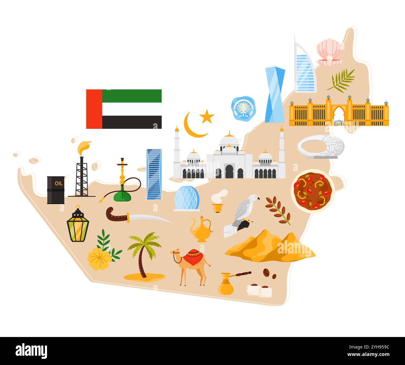 UAE travel map with culture and nature elements, animals and food ...