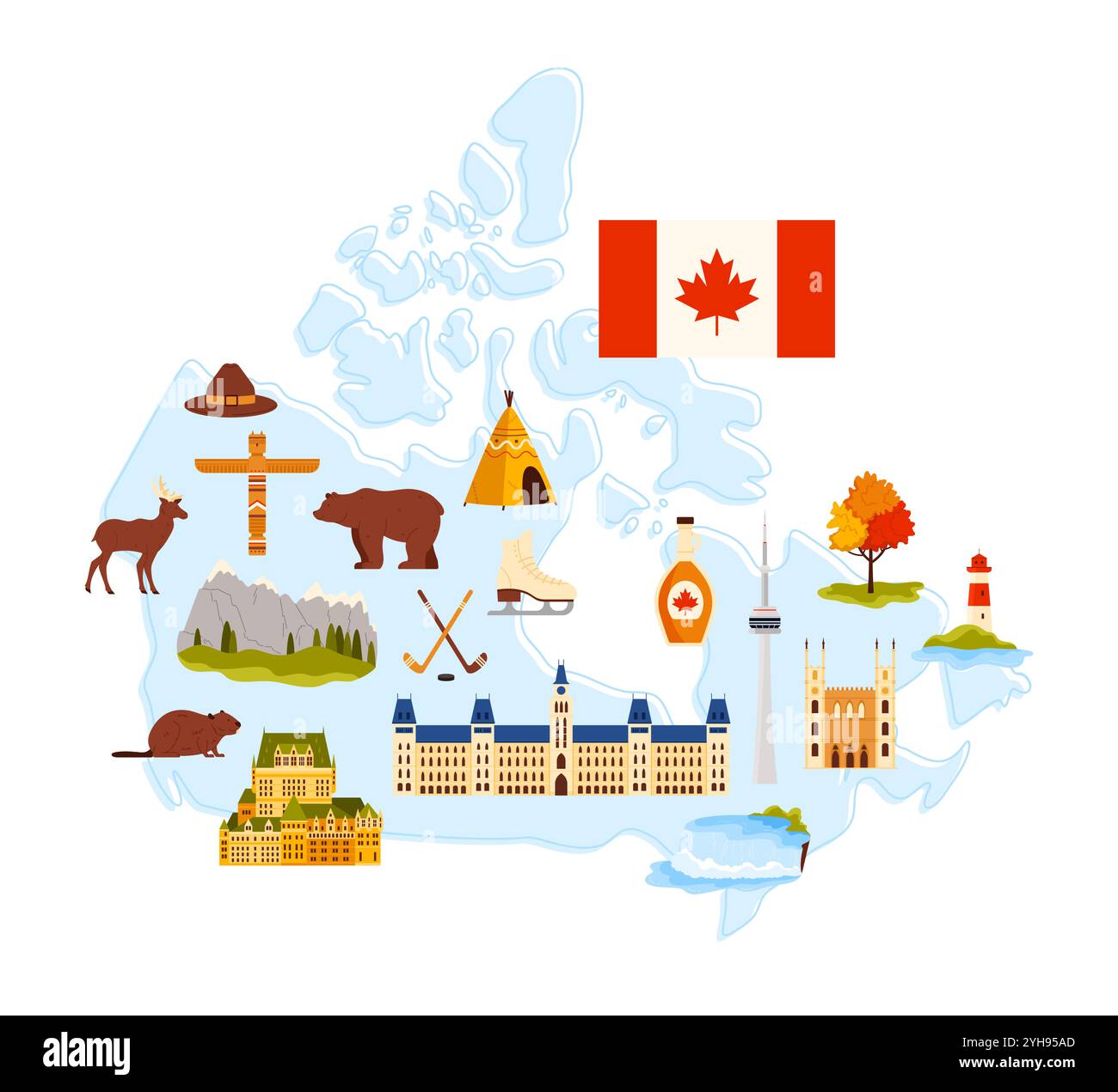 Welcome to Canada, banner design with culture elements, landscape ...