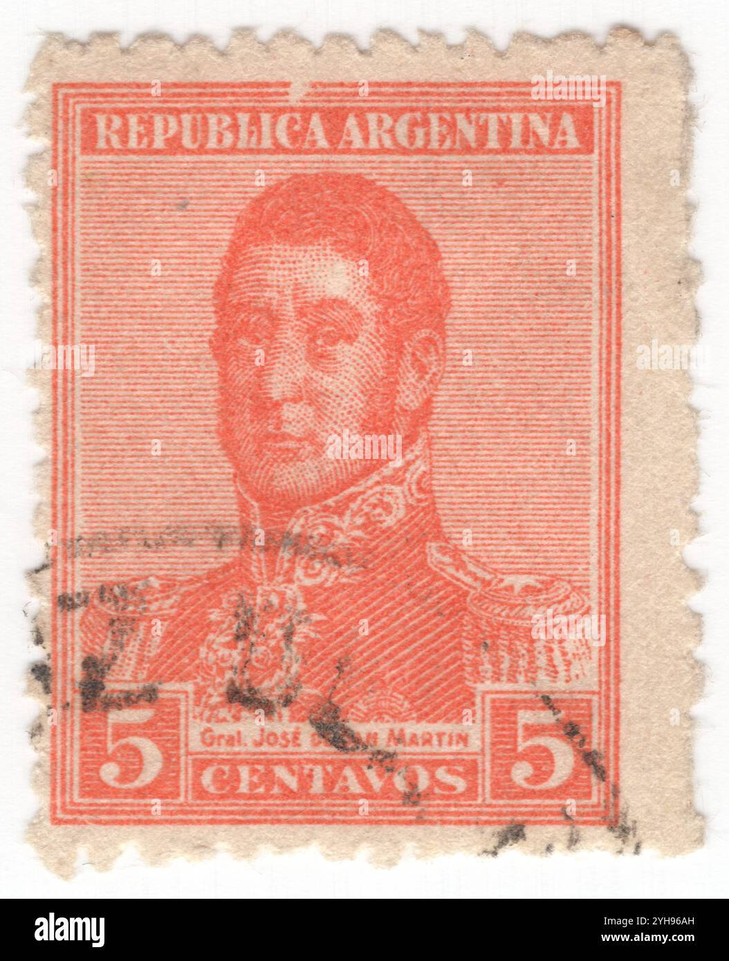 ARGENTINA - 1917: 5 centavo red postage stamp depicting portrait of ...