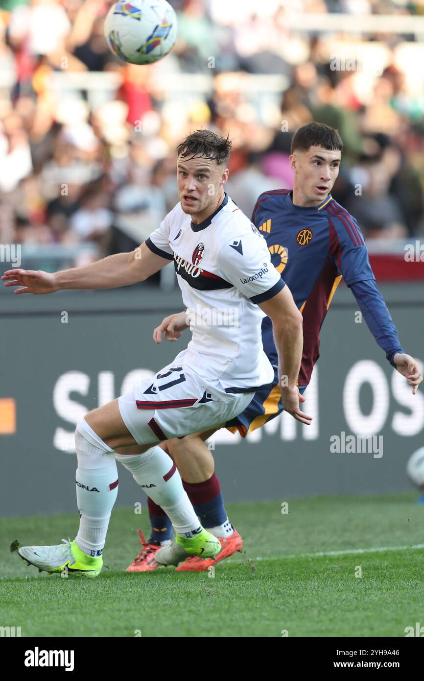 Rome, Italy 10.11.2024 : Sam Beukema of Bologna, Matias Soule of Roma ...