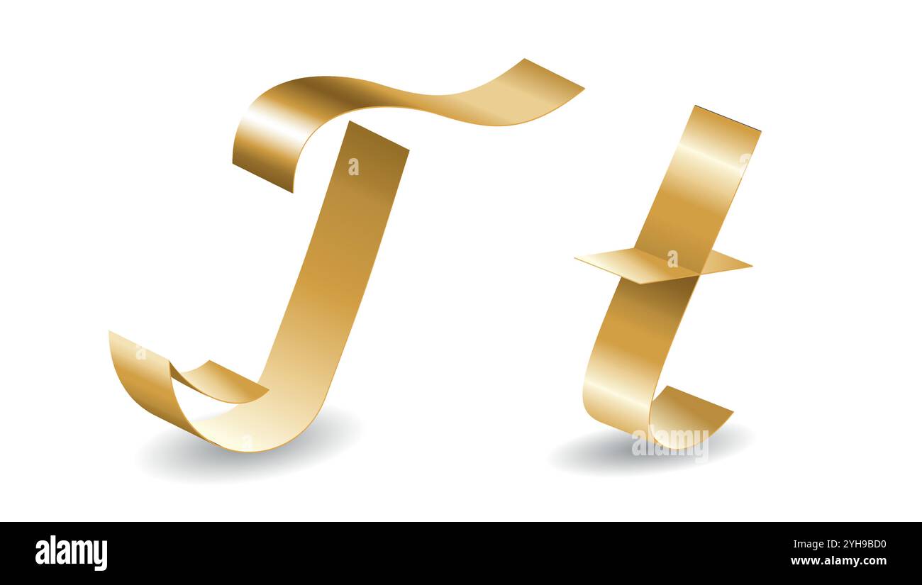Golden ribbon T letter of English font alphabet. Character R in gold ...