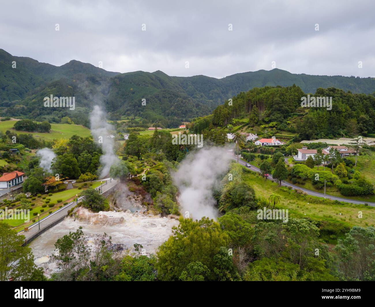 Furnas hot thermal springs, Sao Miguel Island, Azores, Portugal. Aerial ...