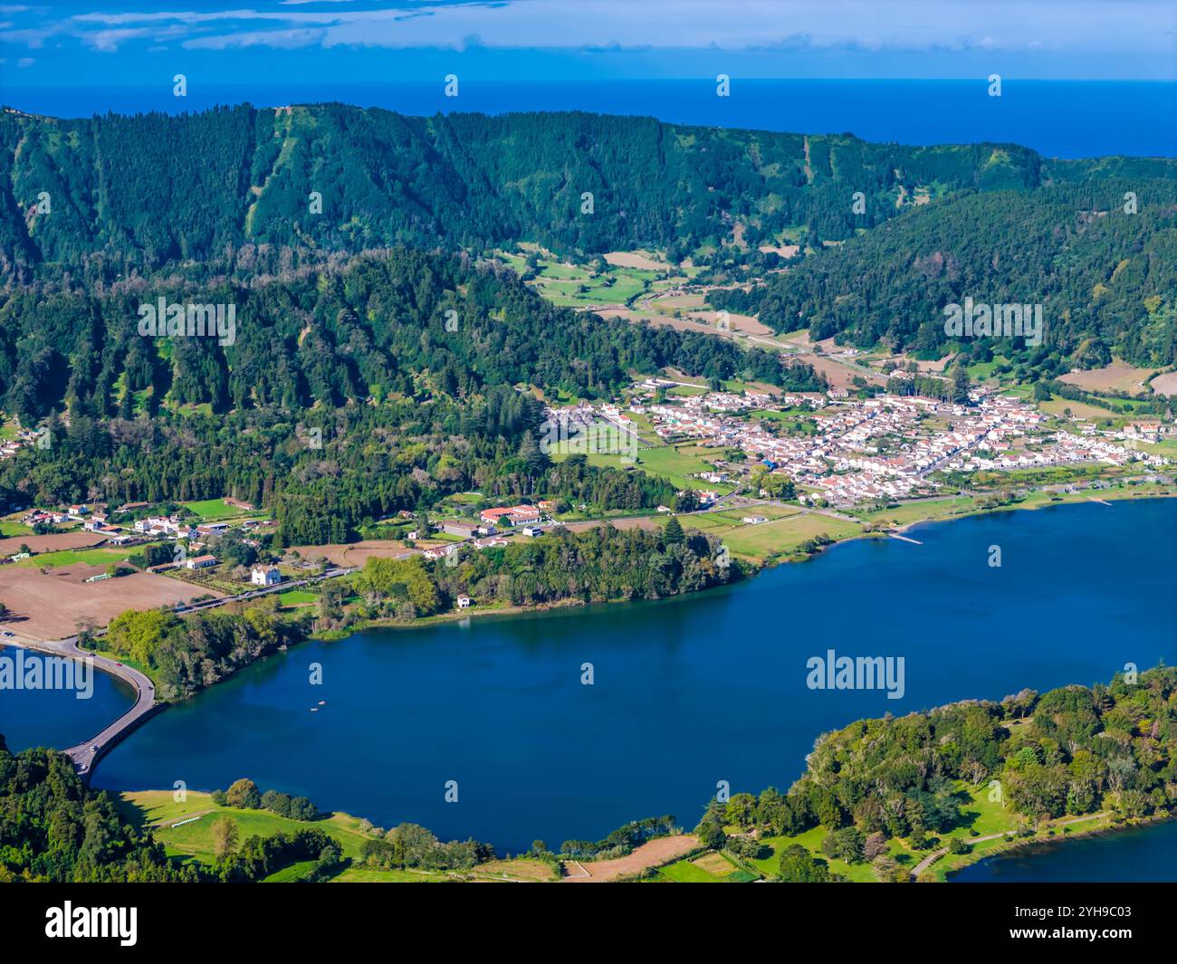 Sete Cidades town. Azores landscape panoramic view. Aerial drone view ...