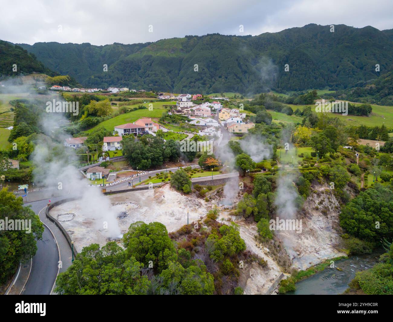 Furnas hot thermal springs, Sao Miguel Island, Azores, Portugal. Aerial ...