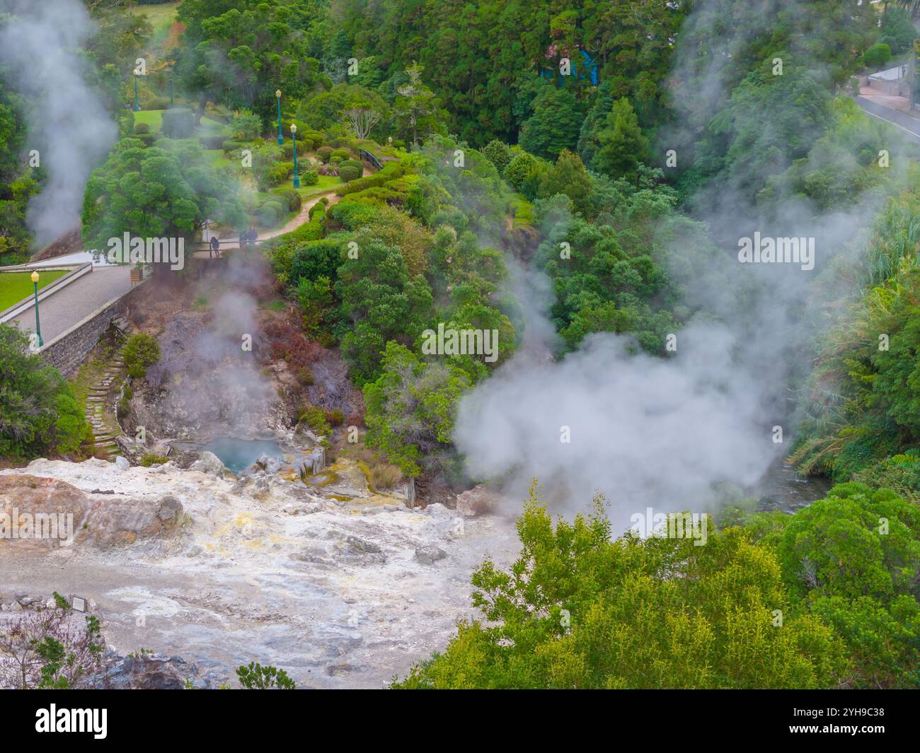 Furnas hot thermal springs, Sao Miguel Island, Azores, Portugal. Aerial ...