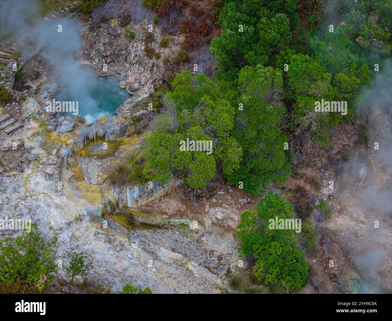 Furnas hot thermal springs, Sao Miguel Island, Azores, Portugal. Aerial ...