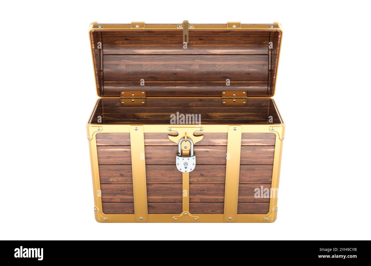 Empty Treasure Chest, front view. 3D rendering isolated on white ...