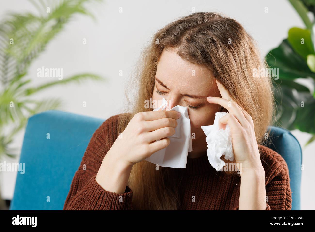 Sick, influenza young woman, girl headache have fever, hand touching ...