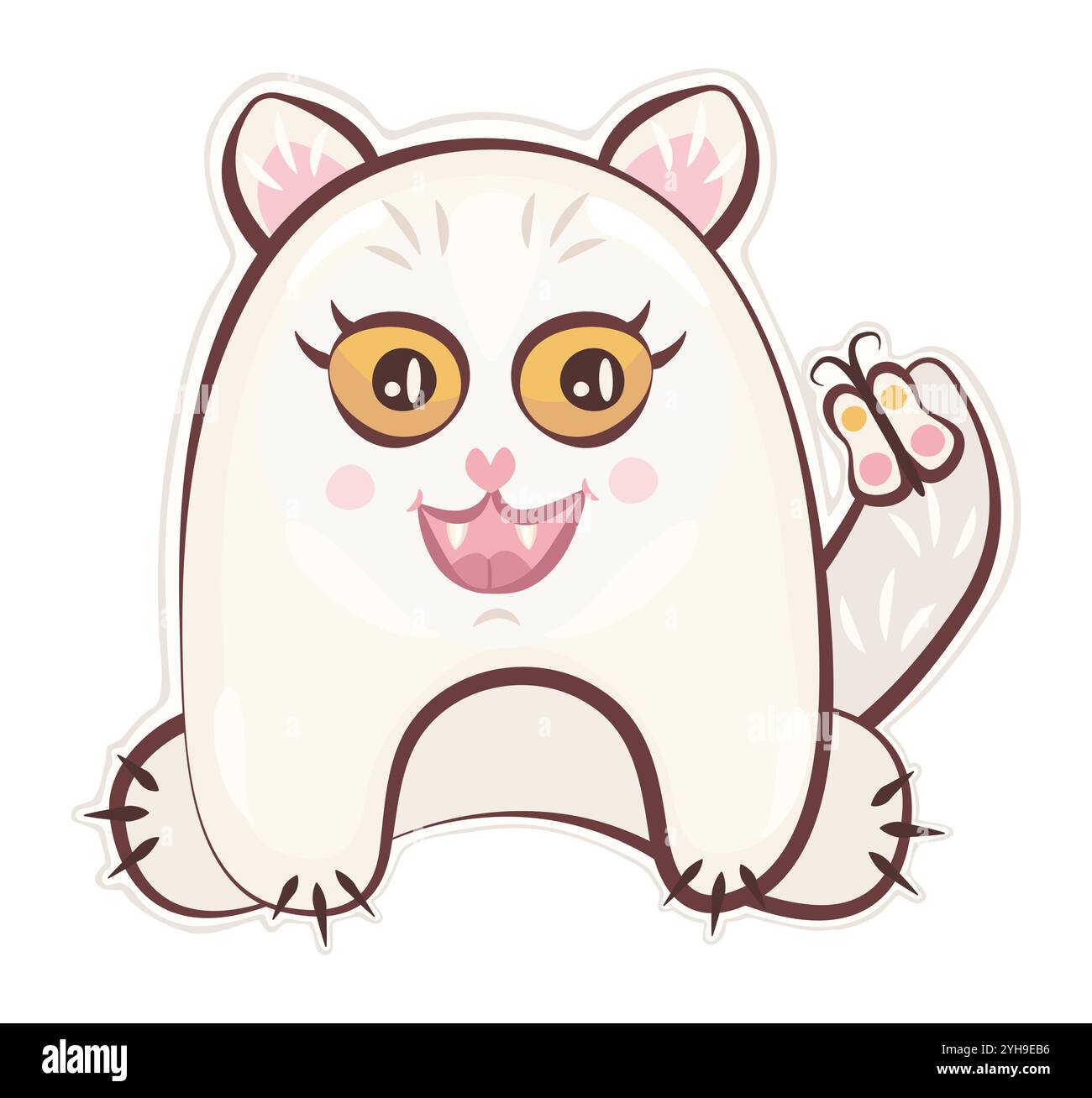 Cute groovy monster sticker, white cat playing with a butterfly, vector ...