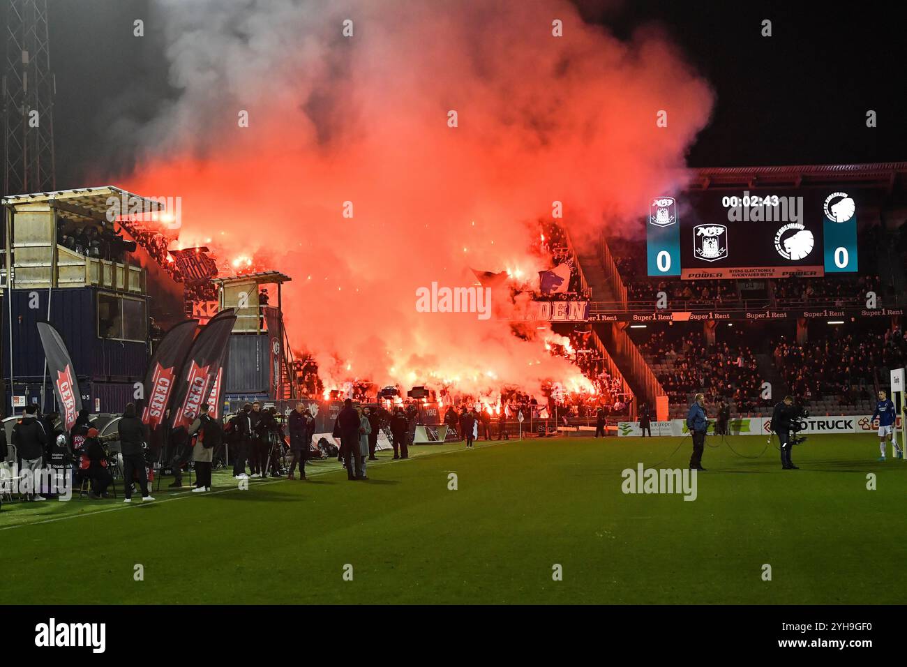 Aarhus on Sunday 10 November 2024. FC Copenhagen fans with fireworks ...