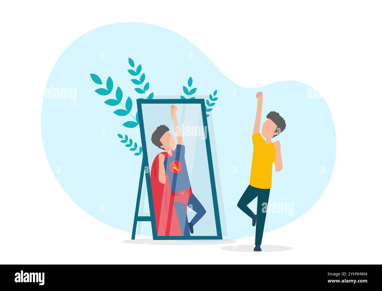 Boy Seeing Himself As Super Hero In Mirror, White Background Stock ...