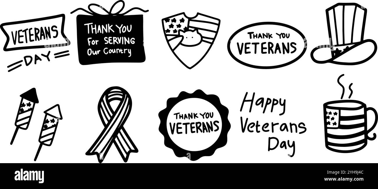 Veterans Day Set Illustration | Minimalist Doodle Vector for Patriotic ...