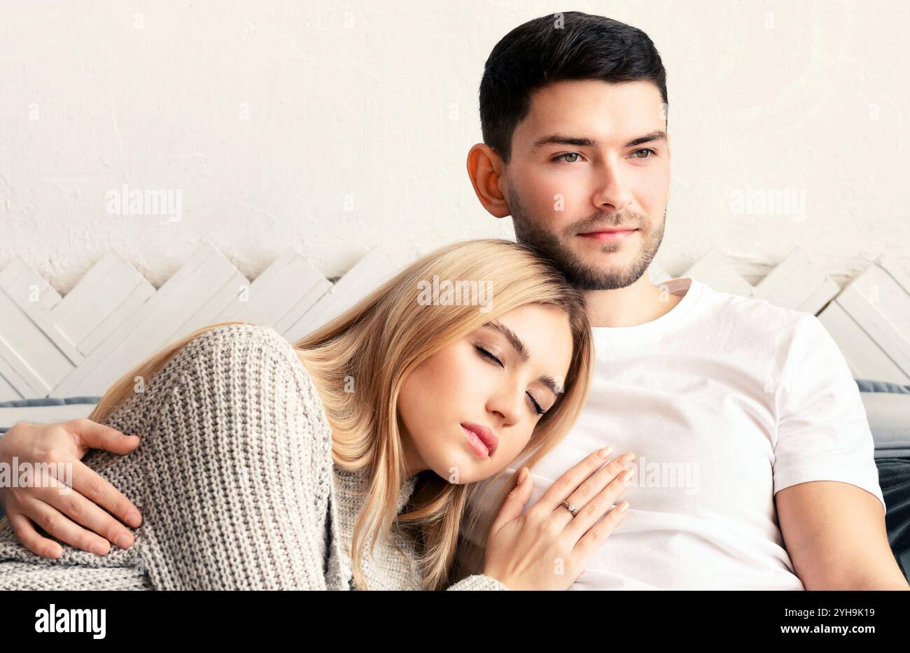 Young Guy Watching Tv While His Girlfriend Sleeping At Home Panorama 2381