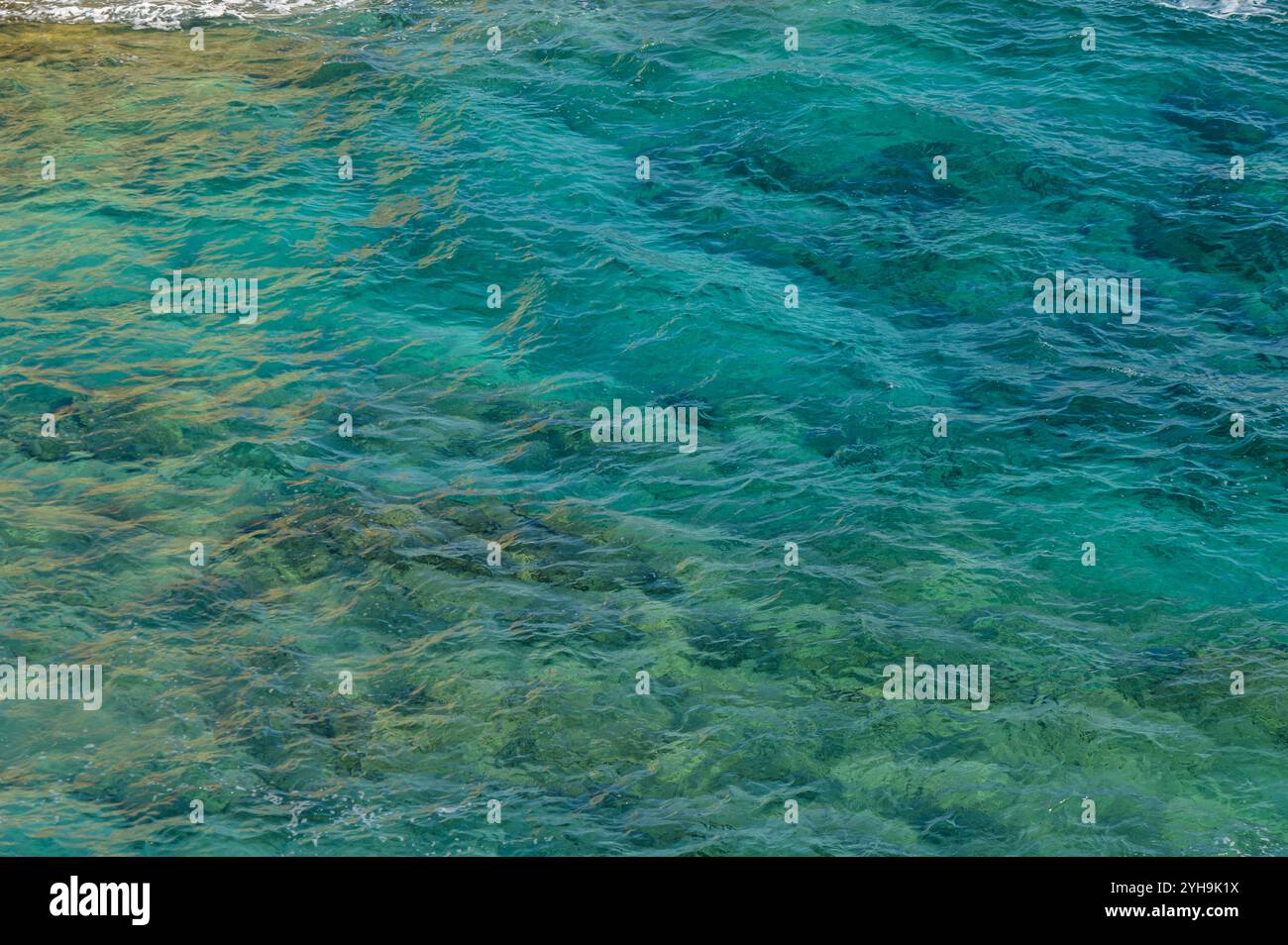 Vibrant turquoise waters gently ripple over sunlit rocks, showcasing ...