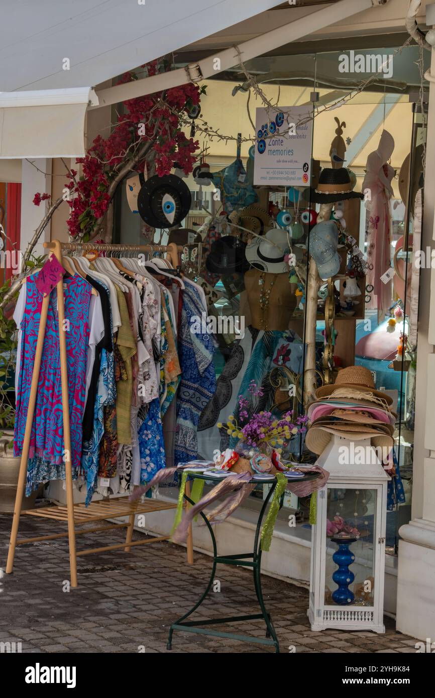 eclectic mixture of fashion items and gifts at a Greek tourist shop in ...