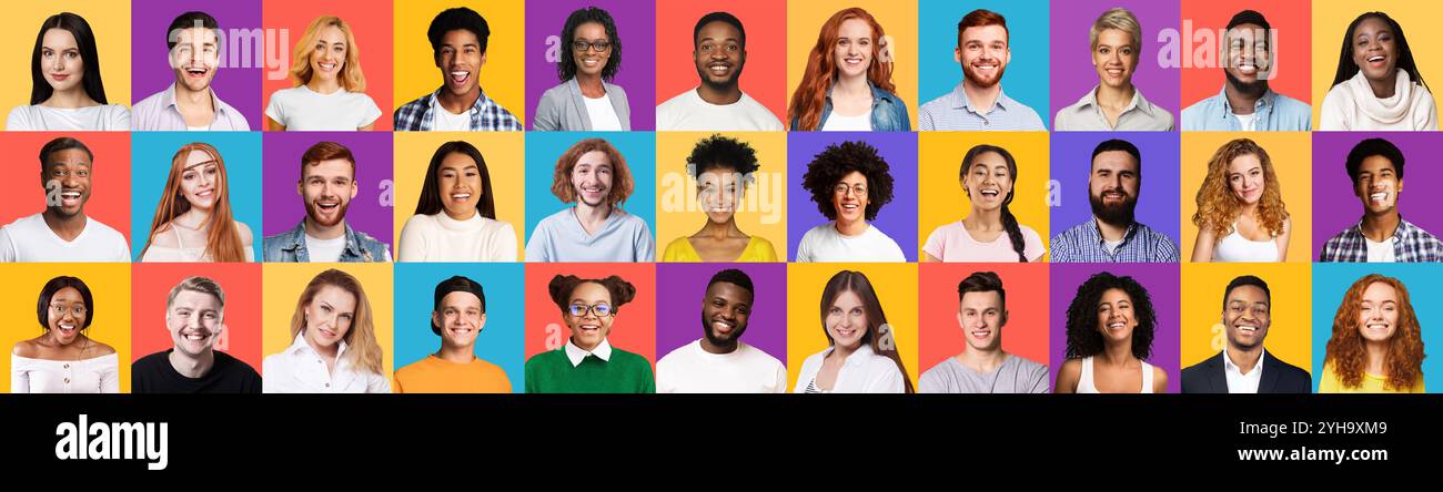 Collection Of Different Joyful Millennials Portraits On Colored ...