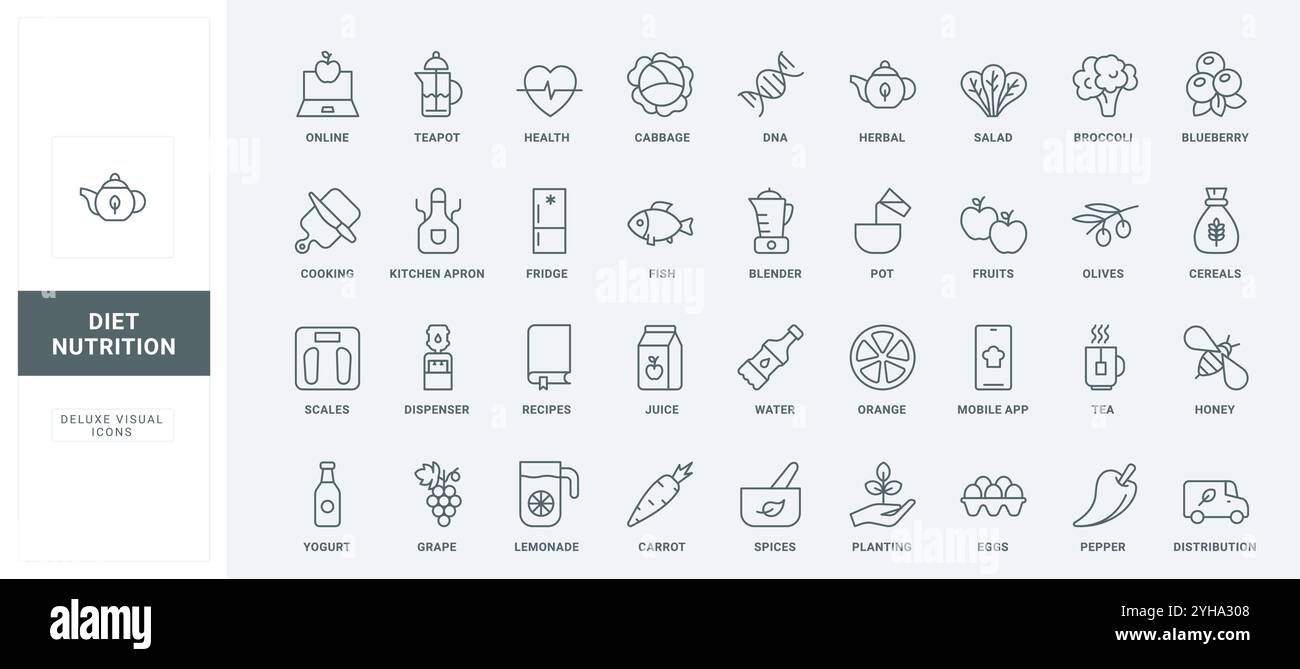 Diet line icons set. Healthy nutrition for weight loss, scales, and ...
