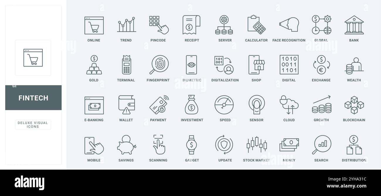 Biometric recognition, stock market trends thin black outline symbols ...