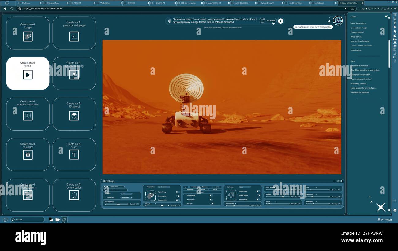 Generative model software producing AI generated video of rover navigating Mars desert landscape ...