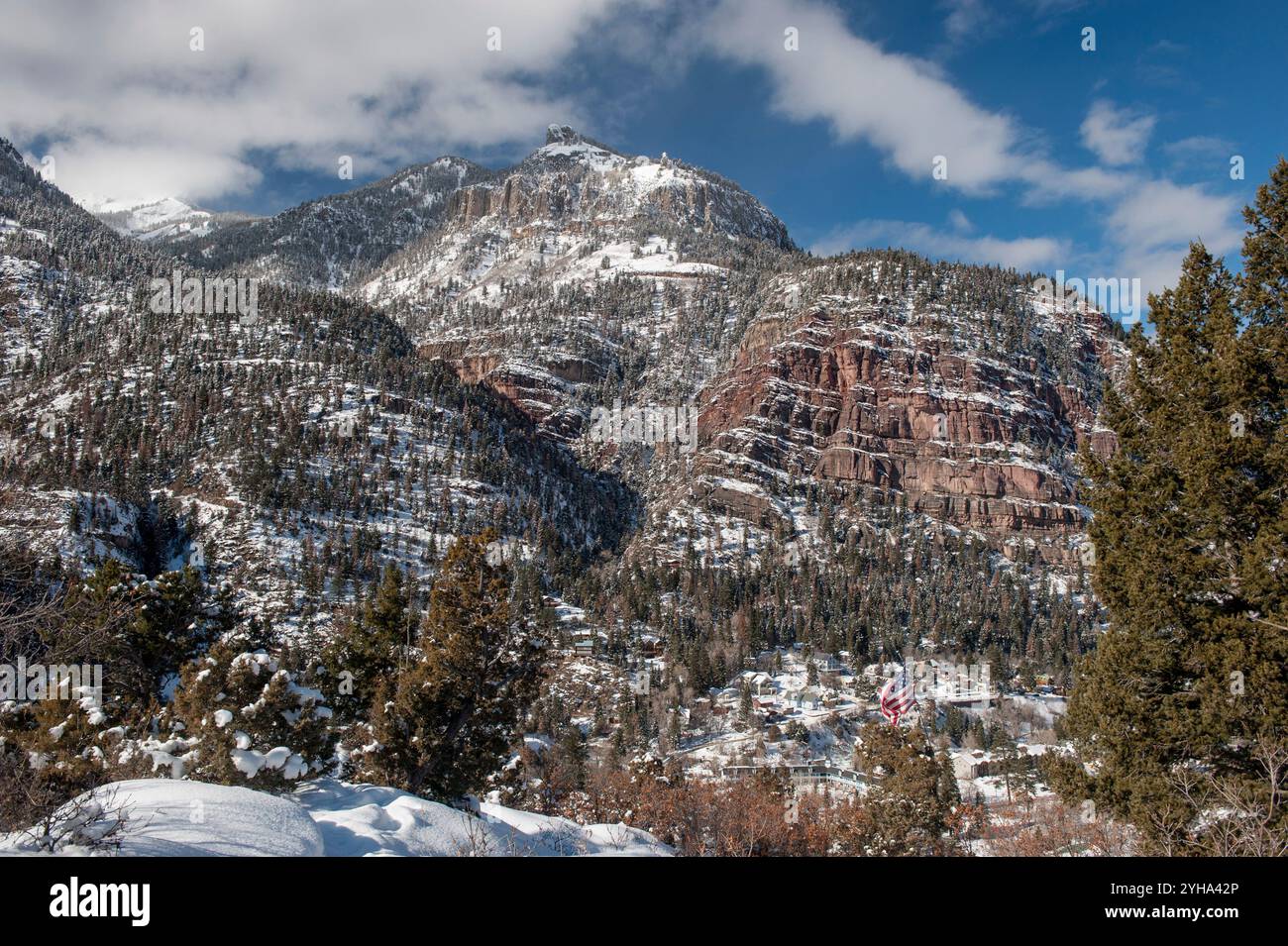 Oak Creek Canyon and Sister Peak above Ouray, Colorado in winter Stock ...