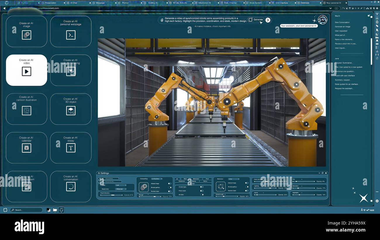 AI software turning text prompt into video of robotic arms assembling products. Text to video ...