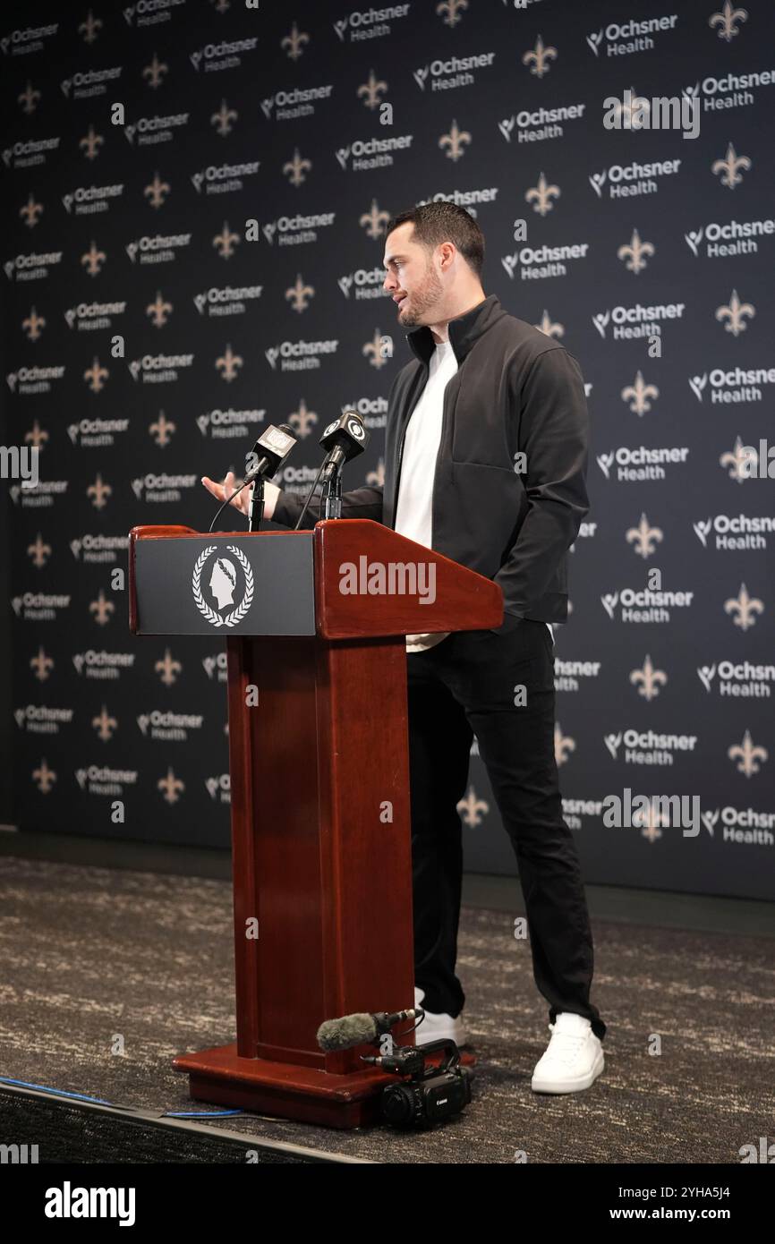 New Orleans Saints quarterback Derek Carr talks to reporters after an ...