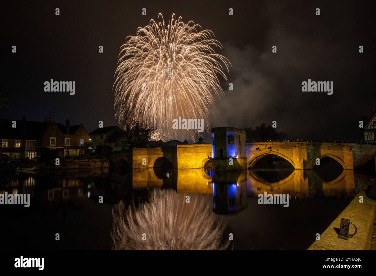 Fireworks over The Old Bridge in St Ives, Cambridgeshire, UK Stock ...