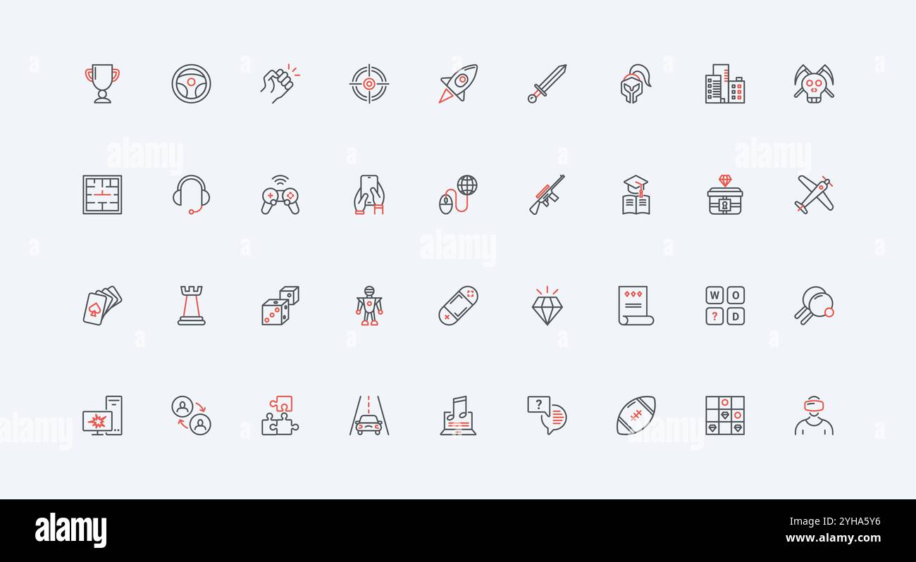 Video game genres, gameplay and gaming gadgets, gamepad line icon set ...