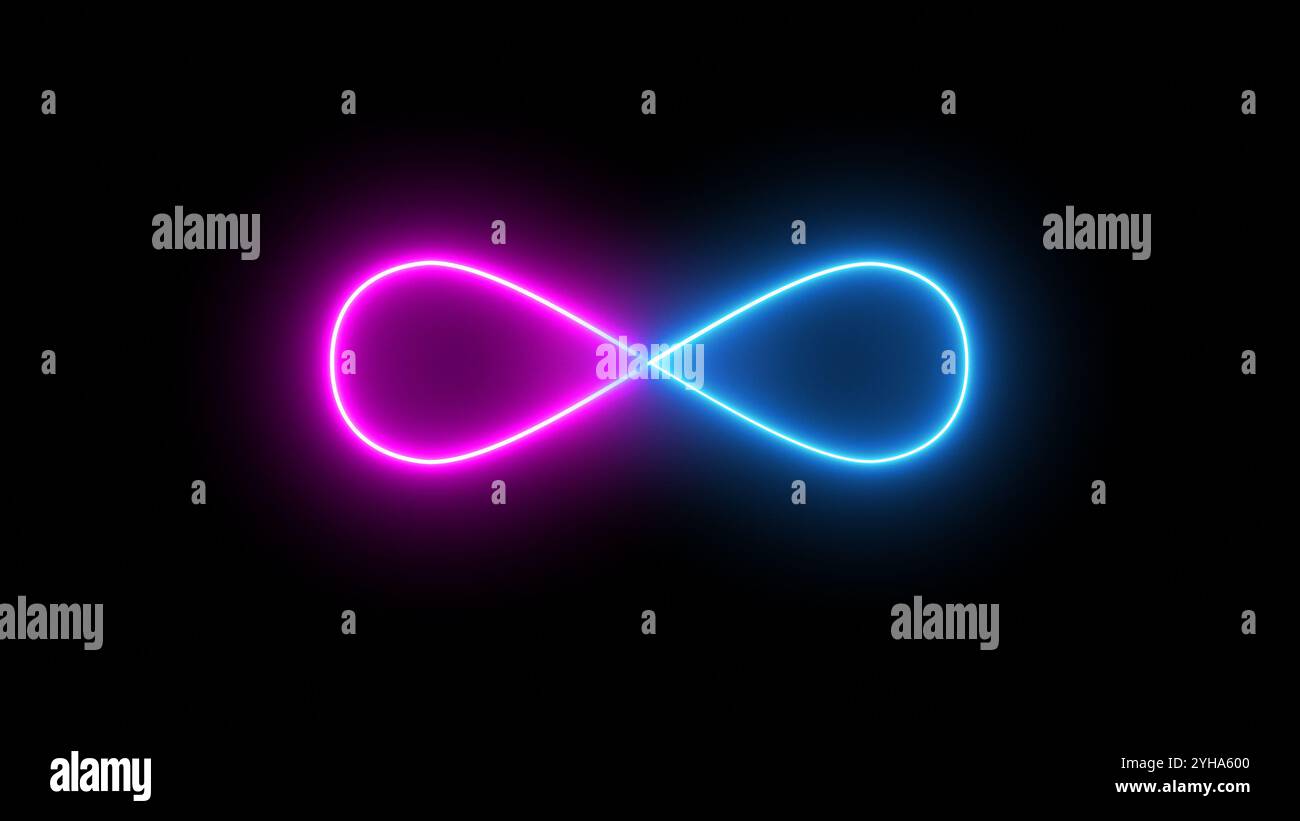 3D illustration of neon infinity sign with two colours pink and blue ...