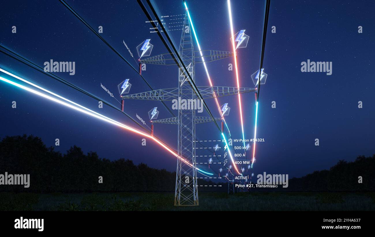 Visualization of fast moving energy travelling through power pole wires ...