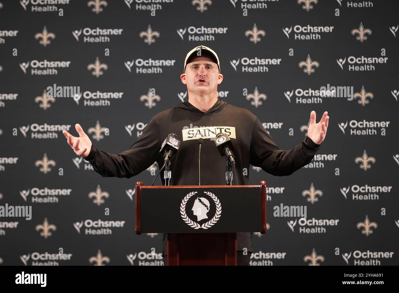 New Orleans Saints interim head coach Darren Rizzi talks to reporters ...