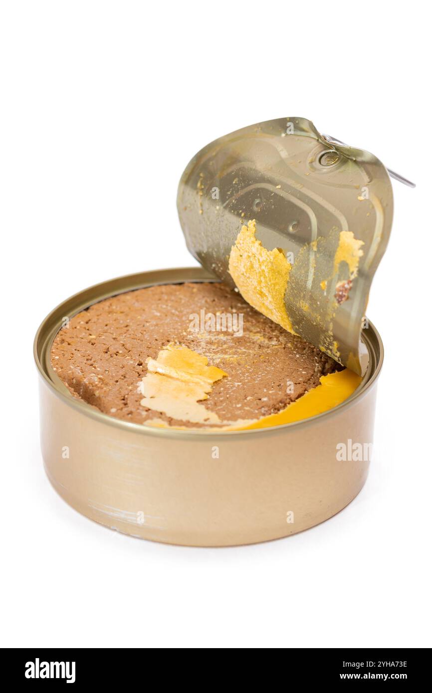 Opened Tin Can with Chicken Liver Pate Isolated on White Background ...