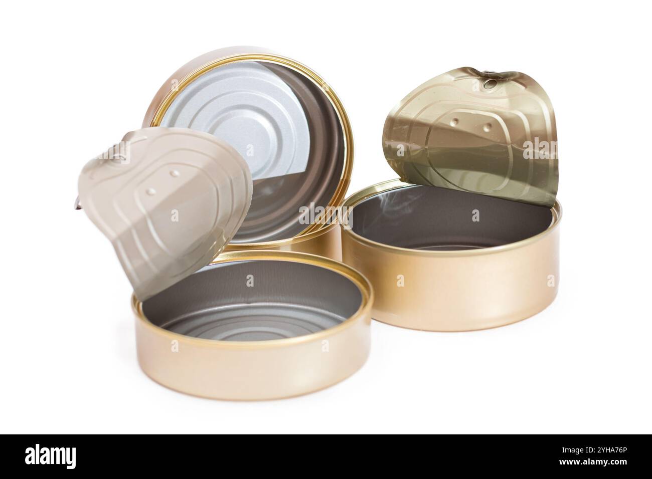 Three Opened Empty Tin Cans Isolated on White Background. Clean Used ...