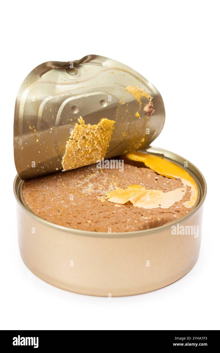 Opened Tin Can with Chicken Liver Pate Isolated on White Background ...