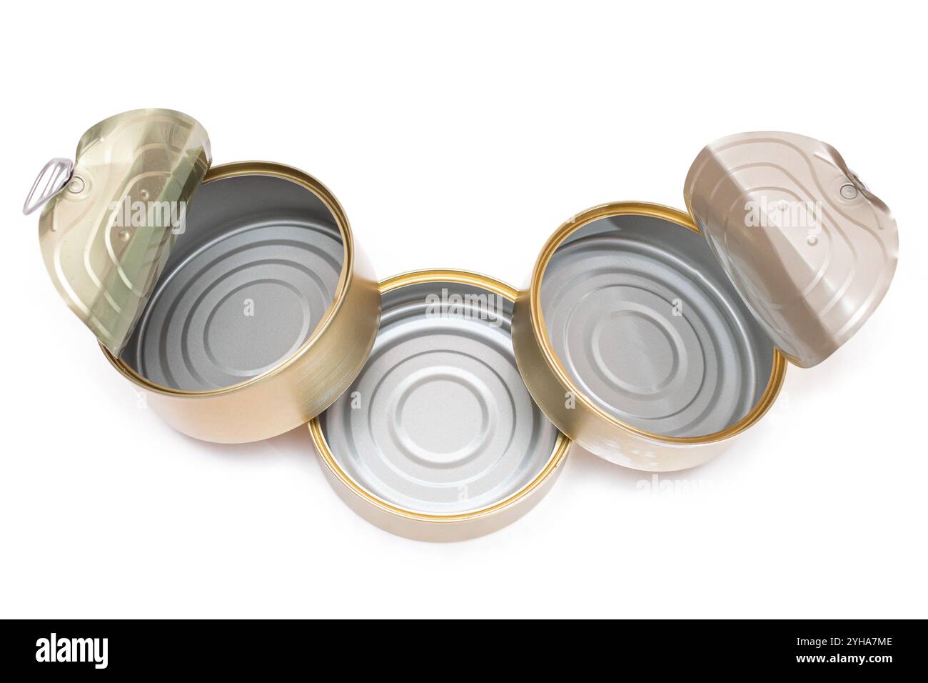 Three Opened Empty Tin Cans Isolated on White Background. Clean Used ...