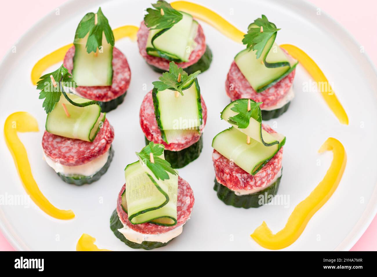 Canapes without Bread with Salami, Cucumber, Greens and Cream Cheese on ...