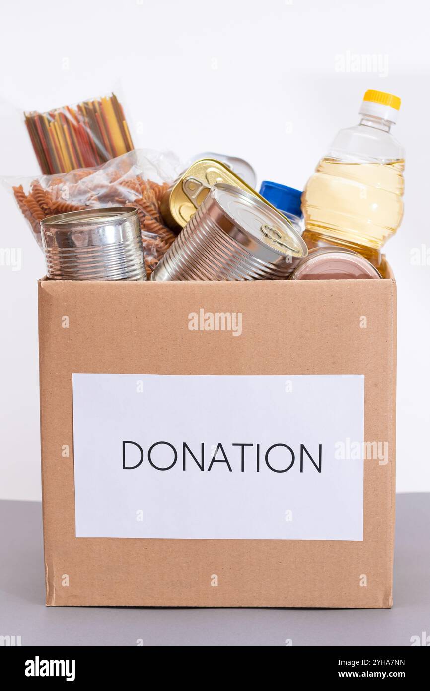Donation Box of Free Food. Carton Box with Canned Food, Cereals and ...