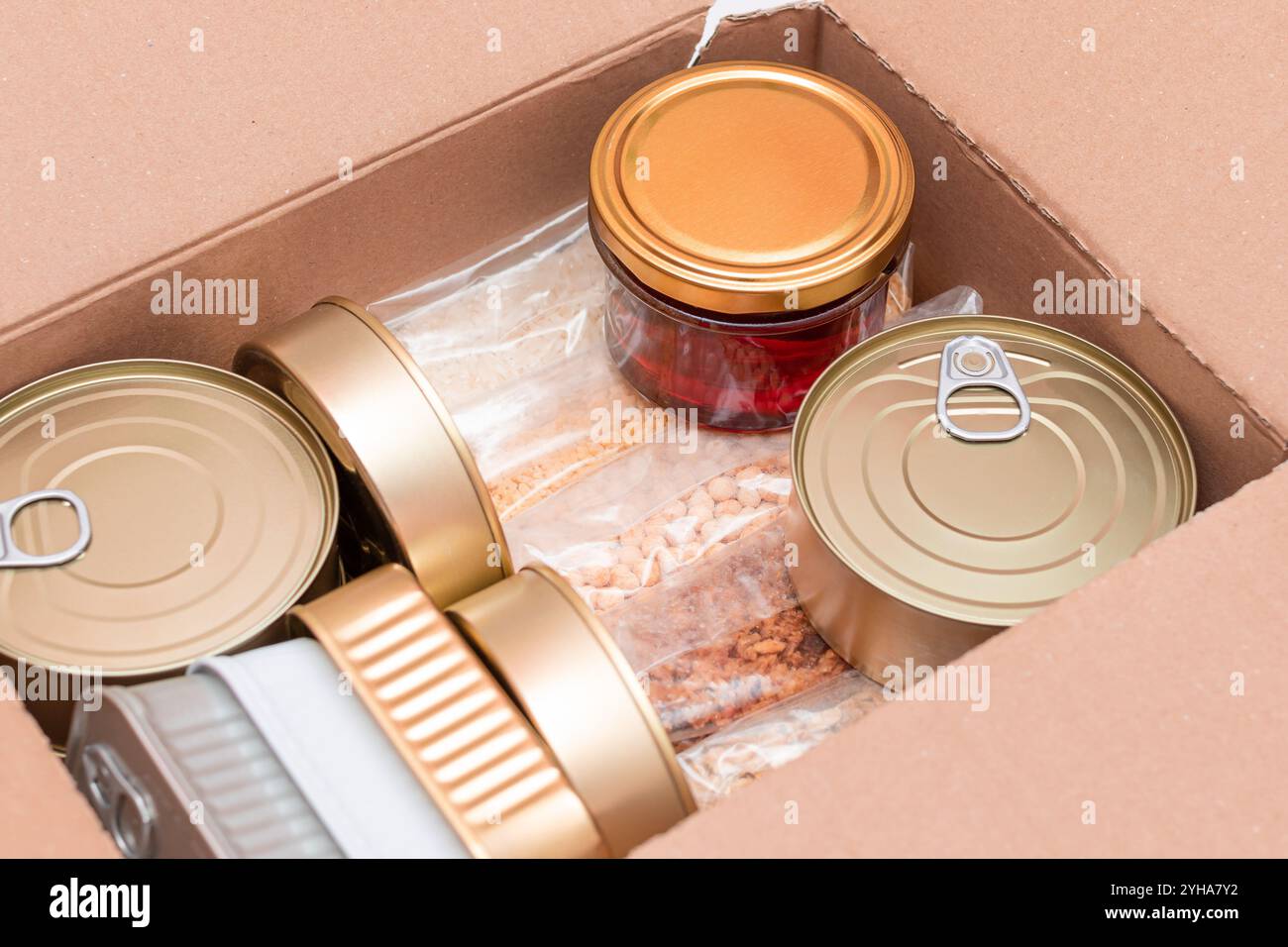 Food Reserves or Donation Box: Carton Box with Canned Food, Cereals and ...