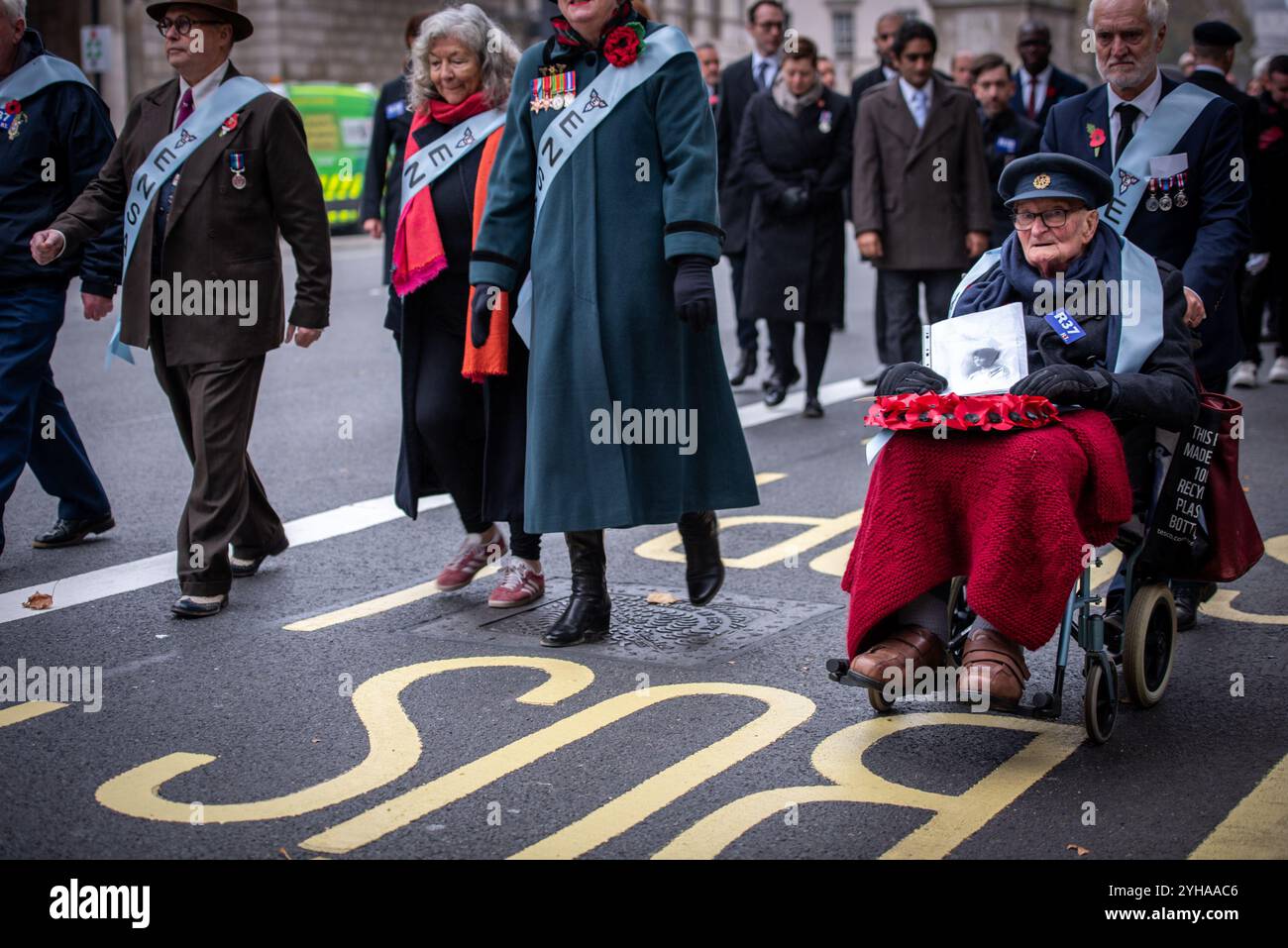London, UK. 10th Nov, 2024. A veteran in a wheel seen during the Remembrance Day Cenotaph Parade ...