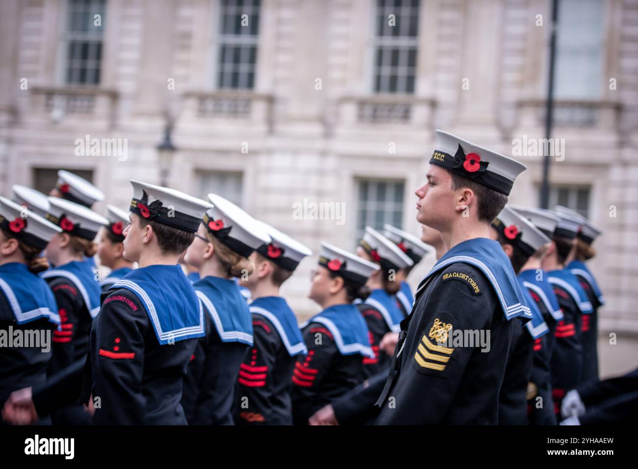 London, UK. 10th Nov, 2024. The military march during the Remembrance Day Cenotaph Parade 2024 ...