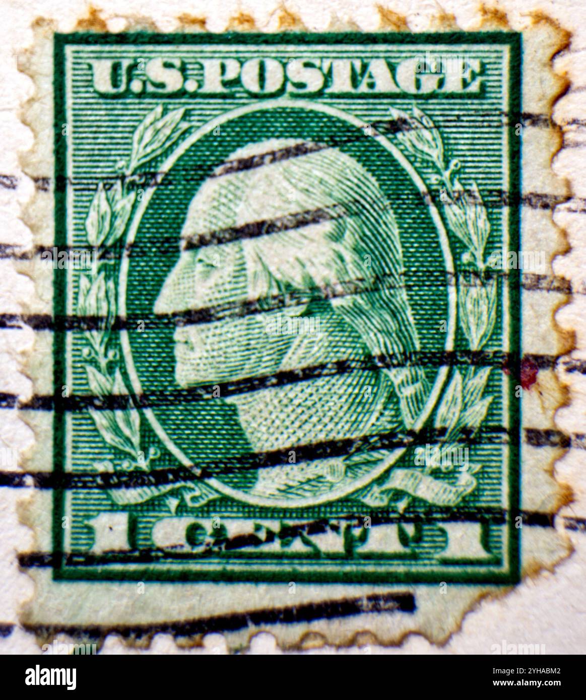 One cent George Washington green US Postage stamp from the early 20th ...