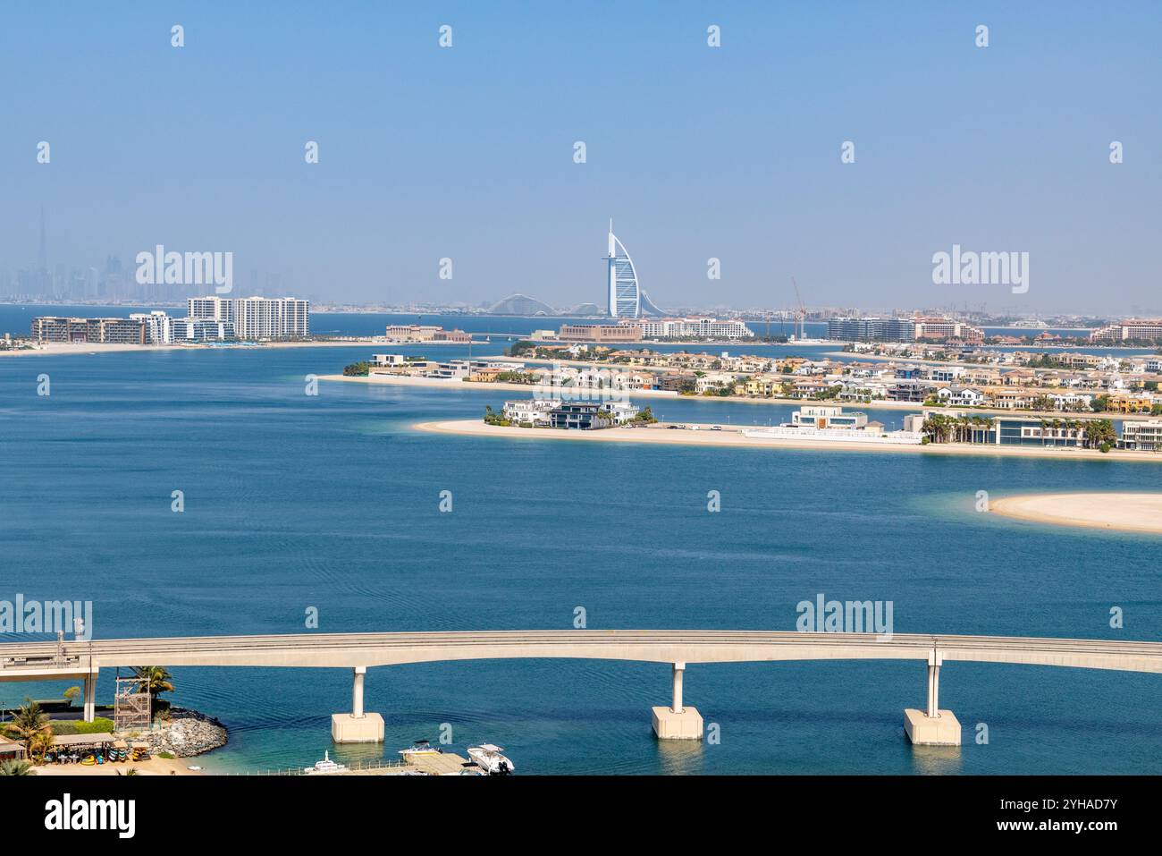 Aerial view across Dubai featuring the palm monorail connecting palm ...