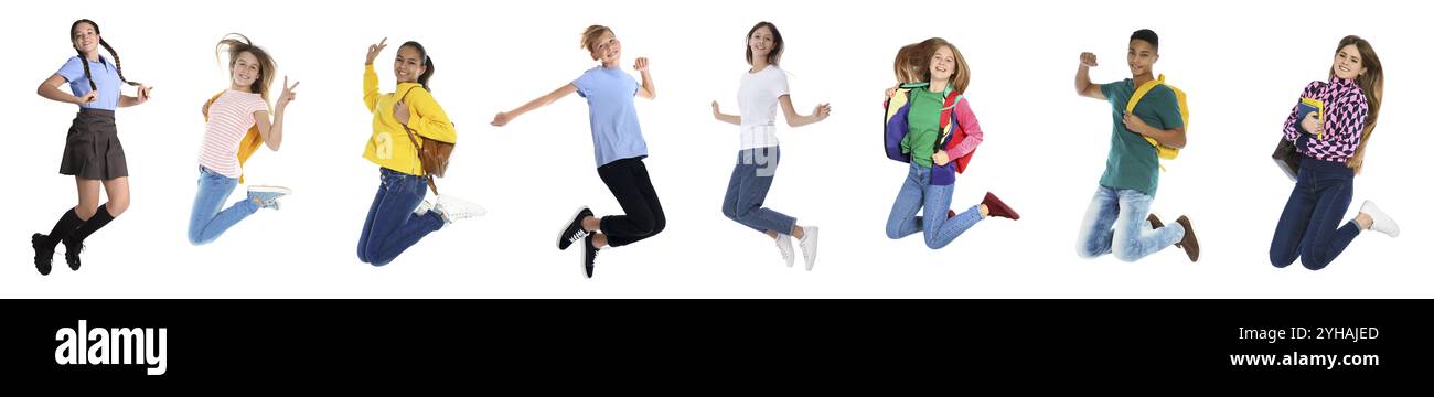 Teens jumping on white background. Collage of full length portraits ...