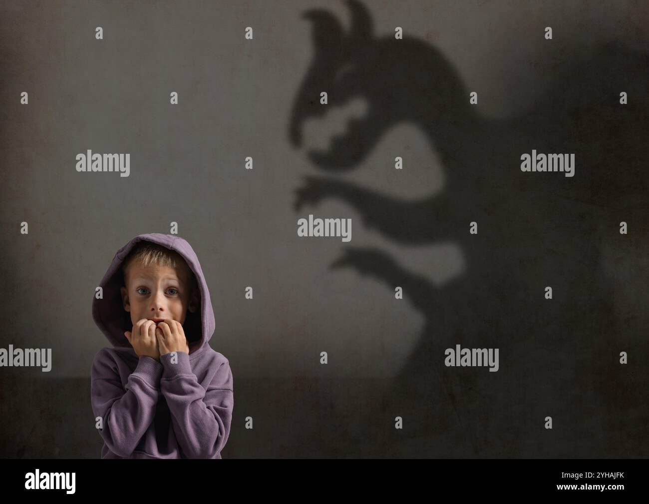 Little kid scared by monster. Spooky shadow in wall Stock Photo - Alamy