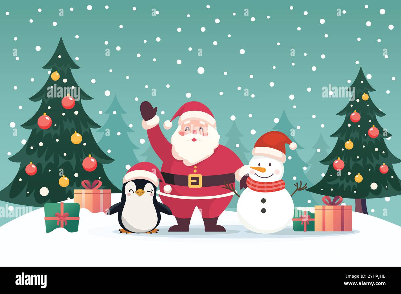 Santa claus with snowman and penguin in snow field with christmas trees ...