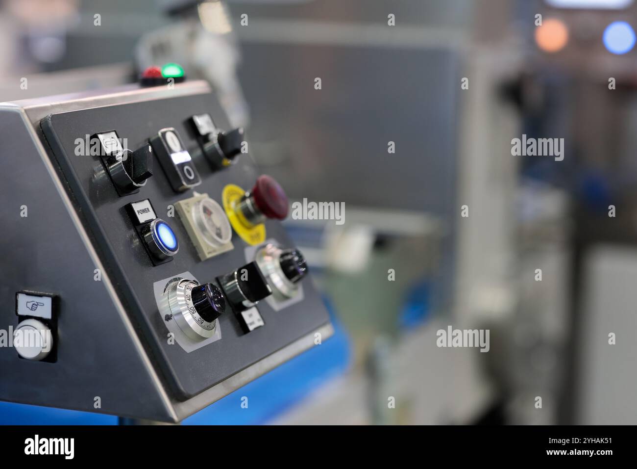 Control console of automatic food processing line. Selective focus ...