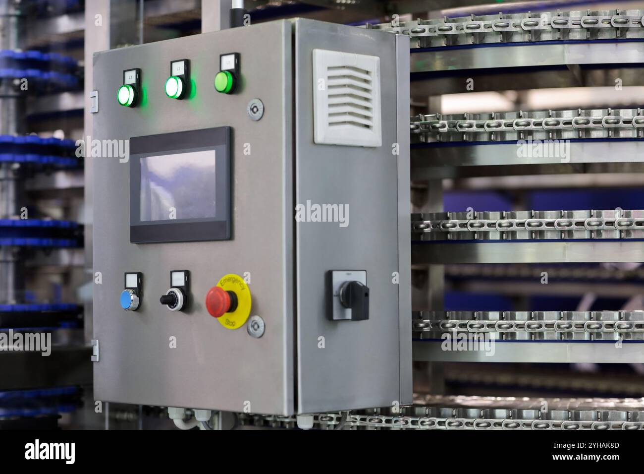 Control panel of bread cooling spiral cooler in large bakery. Selective ...