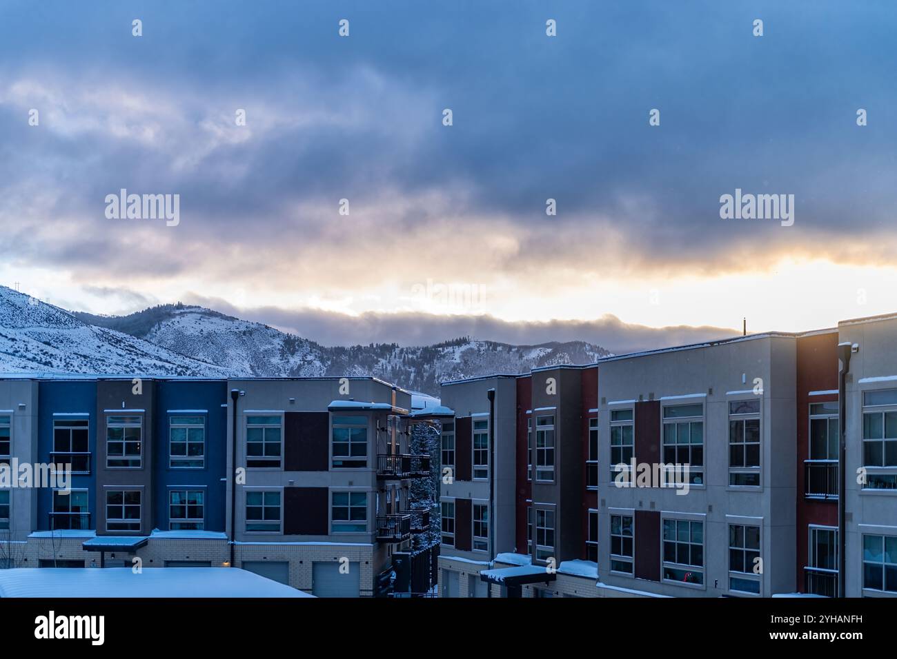Avon, Colorado small town Mountain Village in winter snow view of Rocky ...